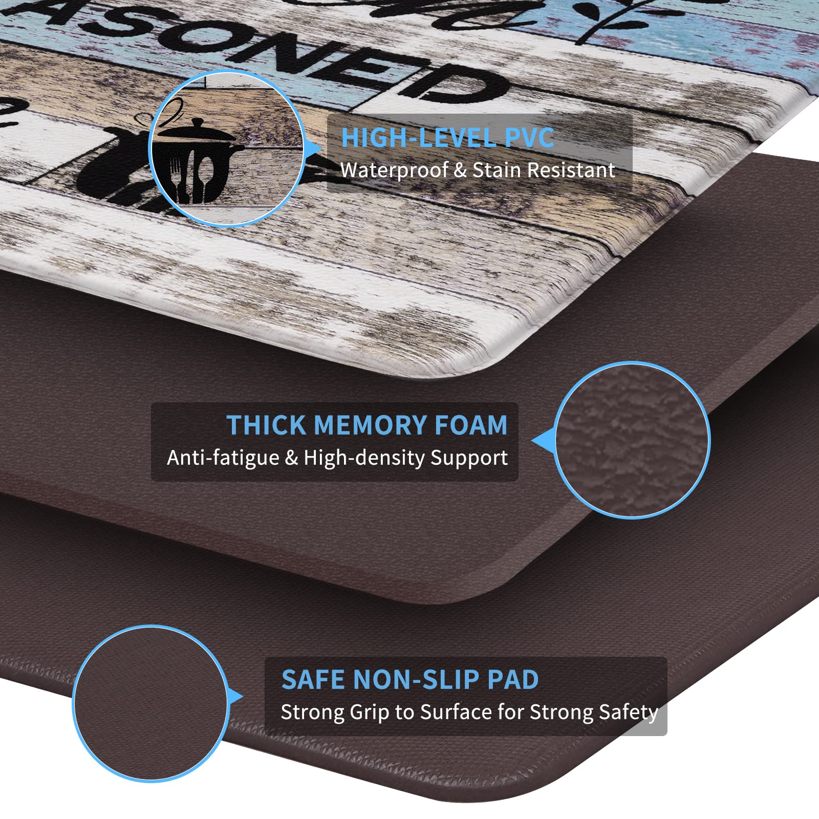 ASPMIZ Farmhouse Kitchen Rugs 2 Piece Anti Fatigue Kitchen Mats for Floor, PVC Memory Foam Kitchen Rug Waterproof, Non Slip Cushioned Comfort Mat for Standing, 18'' x 48'' + 18'' x 30'', Rustic Wooden