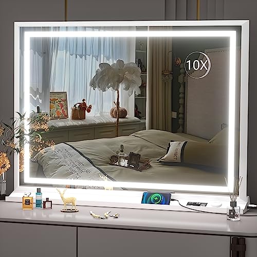 Vosuja Vanity Mirror with Lights, 32" x 24" LED Makeup Mirror, Light up Mirror with 10X Magnification, 3 Colors Modes, Digital Display and Adjustable Time, USB Charging Port, Type-C, White