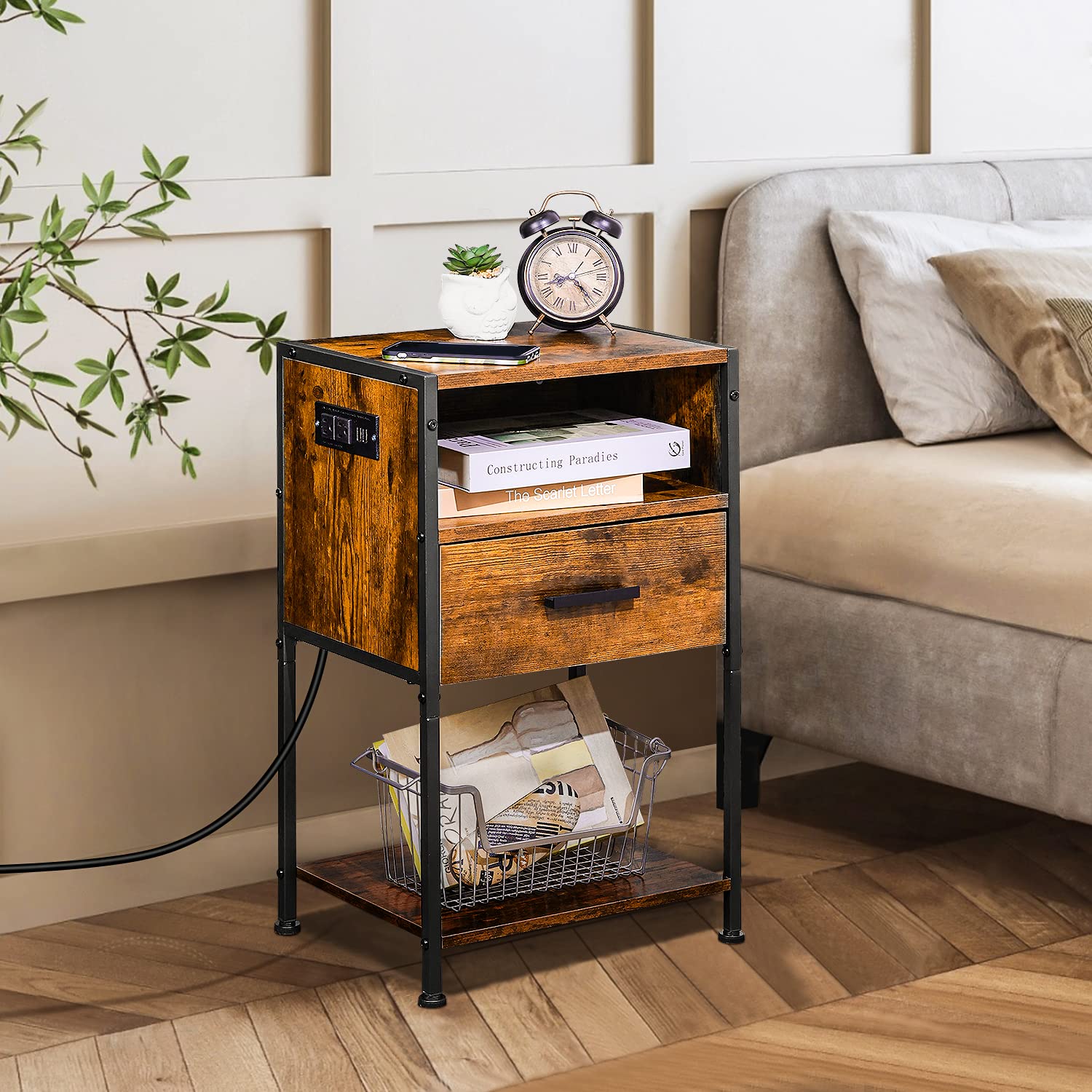 EOYUTLLY Nightstand with Charging Station,End Table with USB Ports & Power Outlets, Night Stands with Storage Drawer for Bedroom Living Room (Rustic Brown Set of 2)