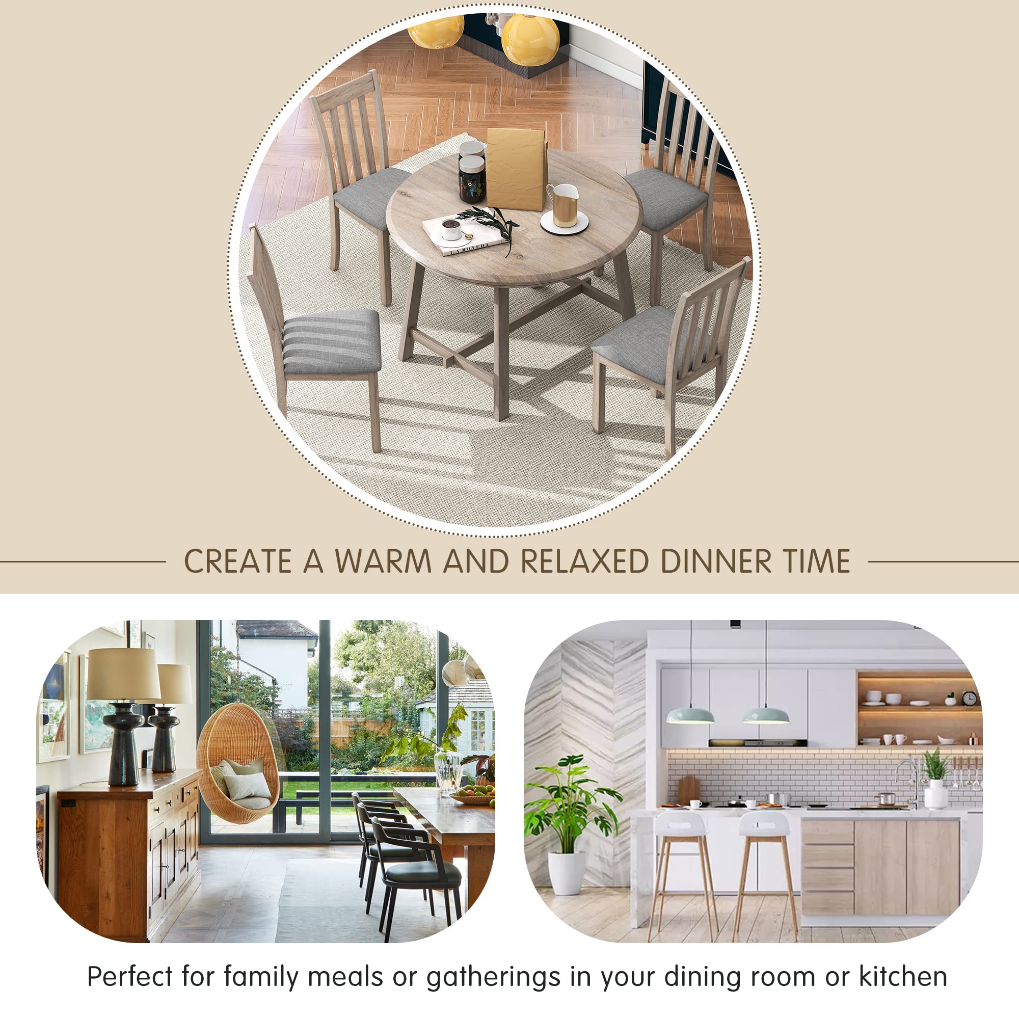P PURLOVE Extendable Dining Table Set for 4 Persons, 5 Piece Round Dining Table Set with Extendable Dining Table and 4 Upholstered Dining Chairs for Kitchen Dining Room