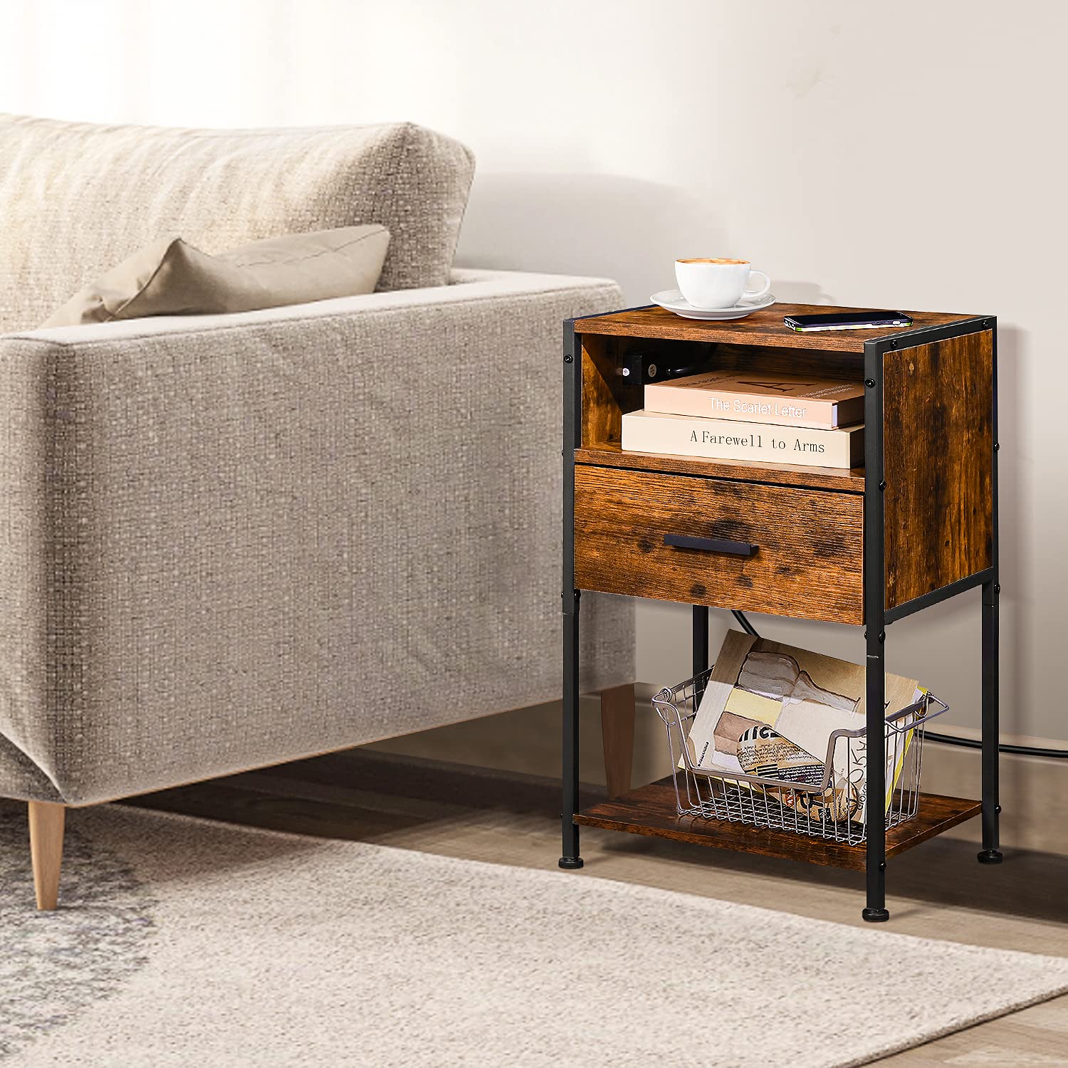 EOYUTLLY Nightstand with Charging Station,End Table with USB Ports & Power Outlets, Night Stands with Storage Drawer for Bedroom Living Room (Rustic Brown Set of 2)