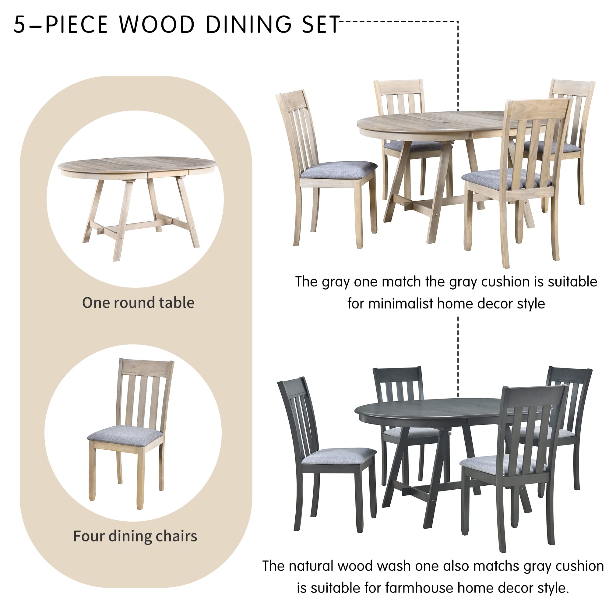 P PURLOVE Extendable Dining Table Set for 4 Persons, 5 Piece Round Dining Table Set with Extendable Dining Table and 4 Upholstered Dining Chairs for Kitchen Dining Room