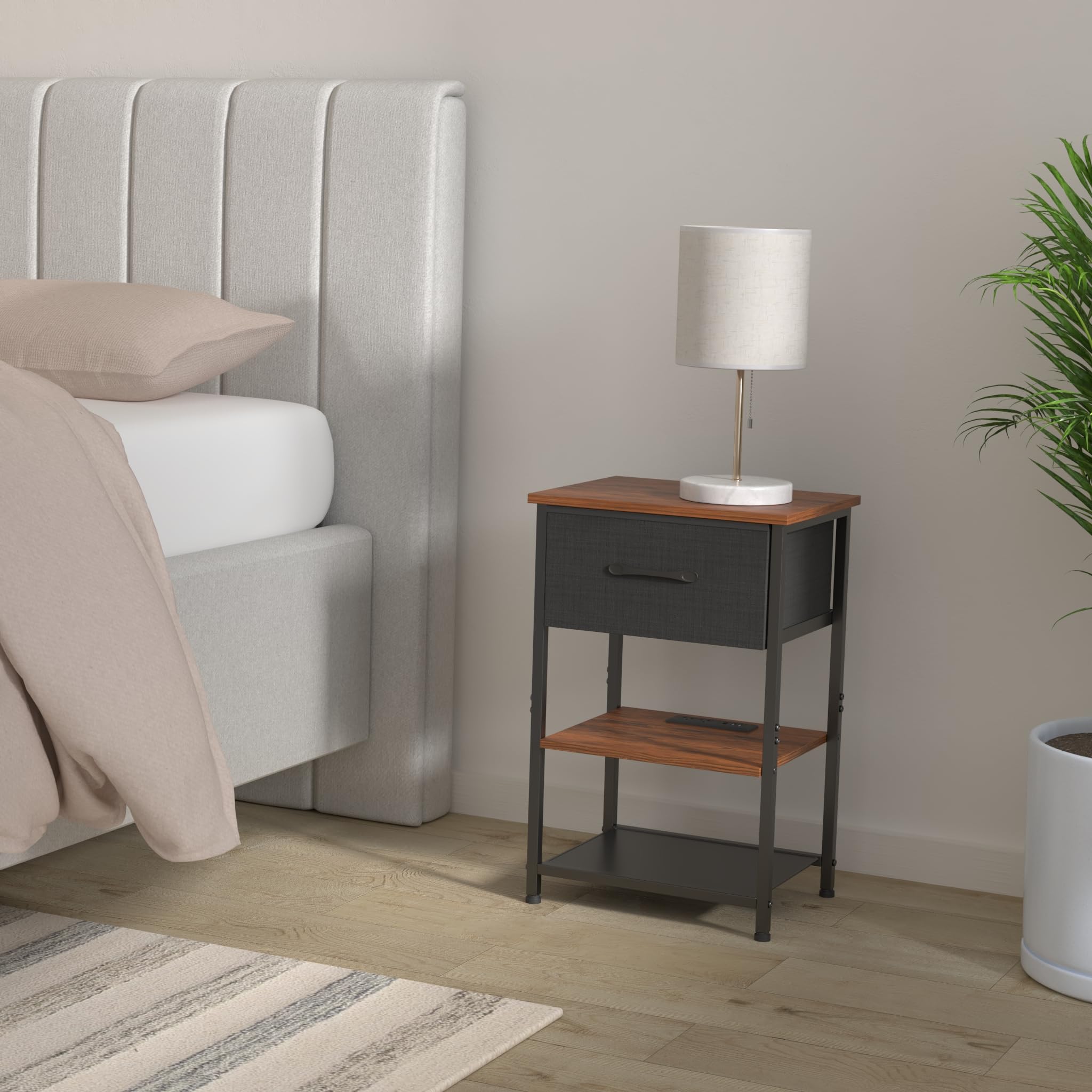 LAKEMID Nightstands Set of 2 with Charging Station and Drawer, End Table Side Table with 20 Colors LED Light Strip and 2 Layers Shelf for Bedroom Living Room Sofa (Rustic Brown)