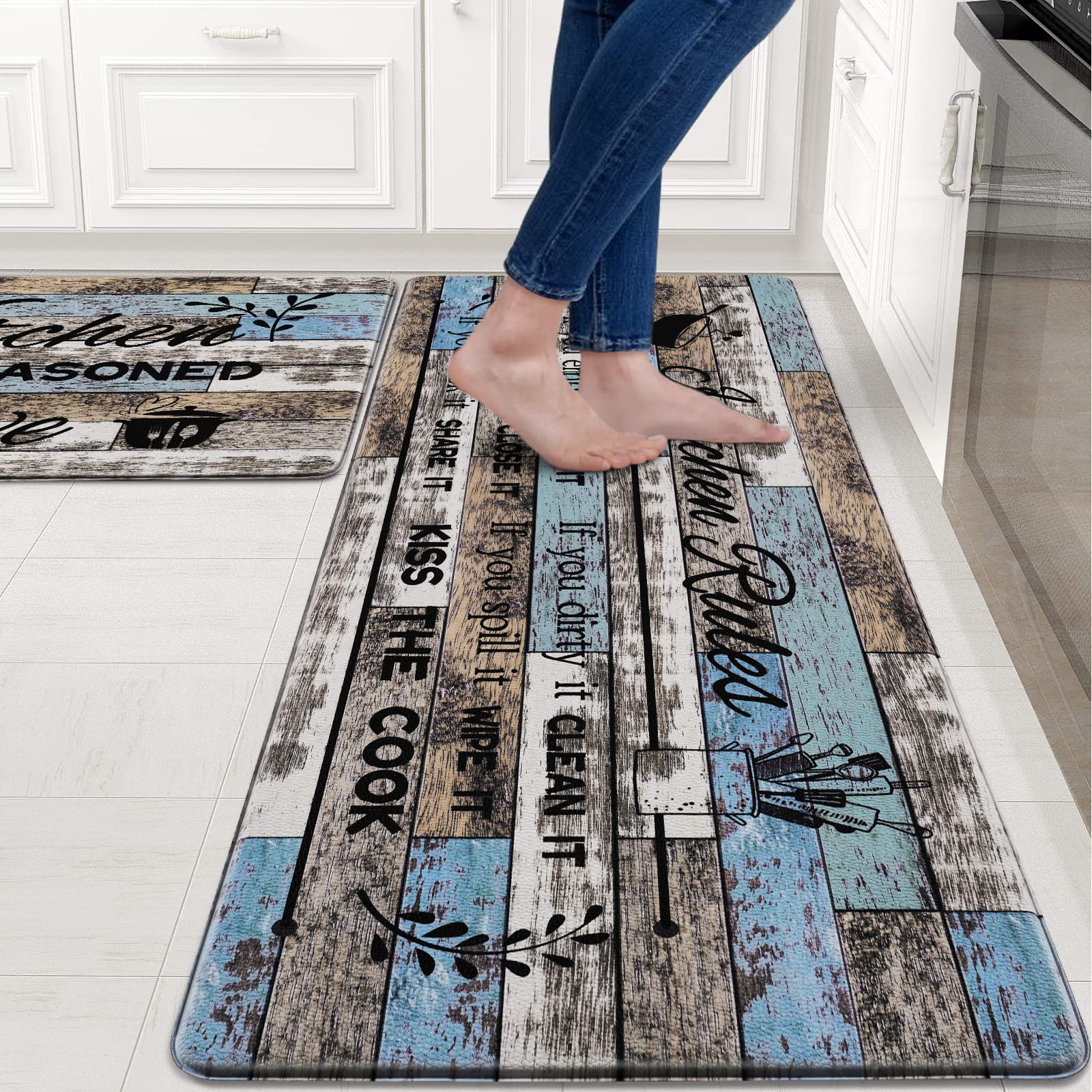 ASPMIZ Farmhouse Kitchen Rugs 2 Piece Anti Fatigue Kitchen Mats for Floor, PVC Memory Foam Kitchen Rug Waterproof, Non Slip Cushioned Comfort Mat for Standing, 18'' x 48'' + 18'' x 30'', Rustic Wooden