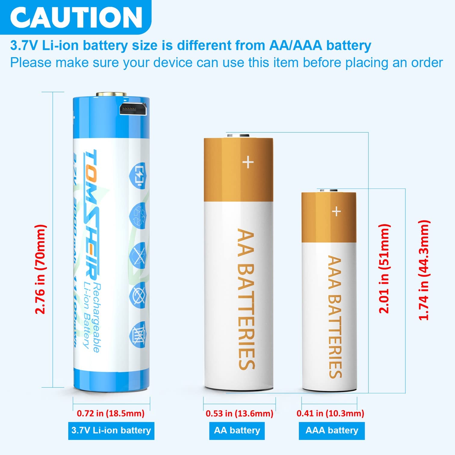 TOMSHEIR 2 Pack 3.7V Rechargeable Batteries with Micro-USB Port Cable 3000mAh Battery for Flashlights, Camera, Headlamps, Doorbells, RC Cars, Sound Equipment