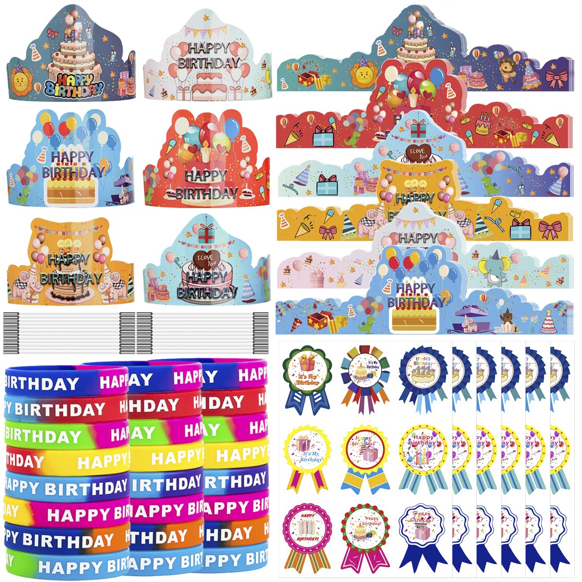 ARTLYMERS 120pcs Happy Birthday Kits for Classroom Kids, Teacher Supplies for Classroom Include Birthday Hats, Birthday Stickers, Silicone Wristbands, School Classroom Kindergarten VBS Party Supplies