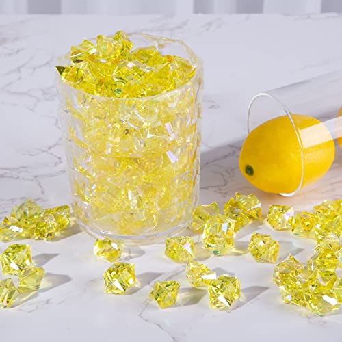 DomeStar Iridescent Yellow Acrylic Ice Rocks, 180PCS Holographic Crushed Ice Dazzling Fake Diamonds Sparkling Plastic Gems for Vases Fillers Table Scatter Decoration Game