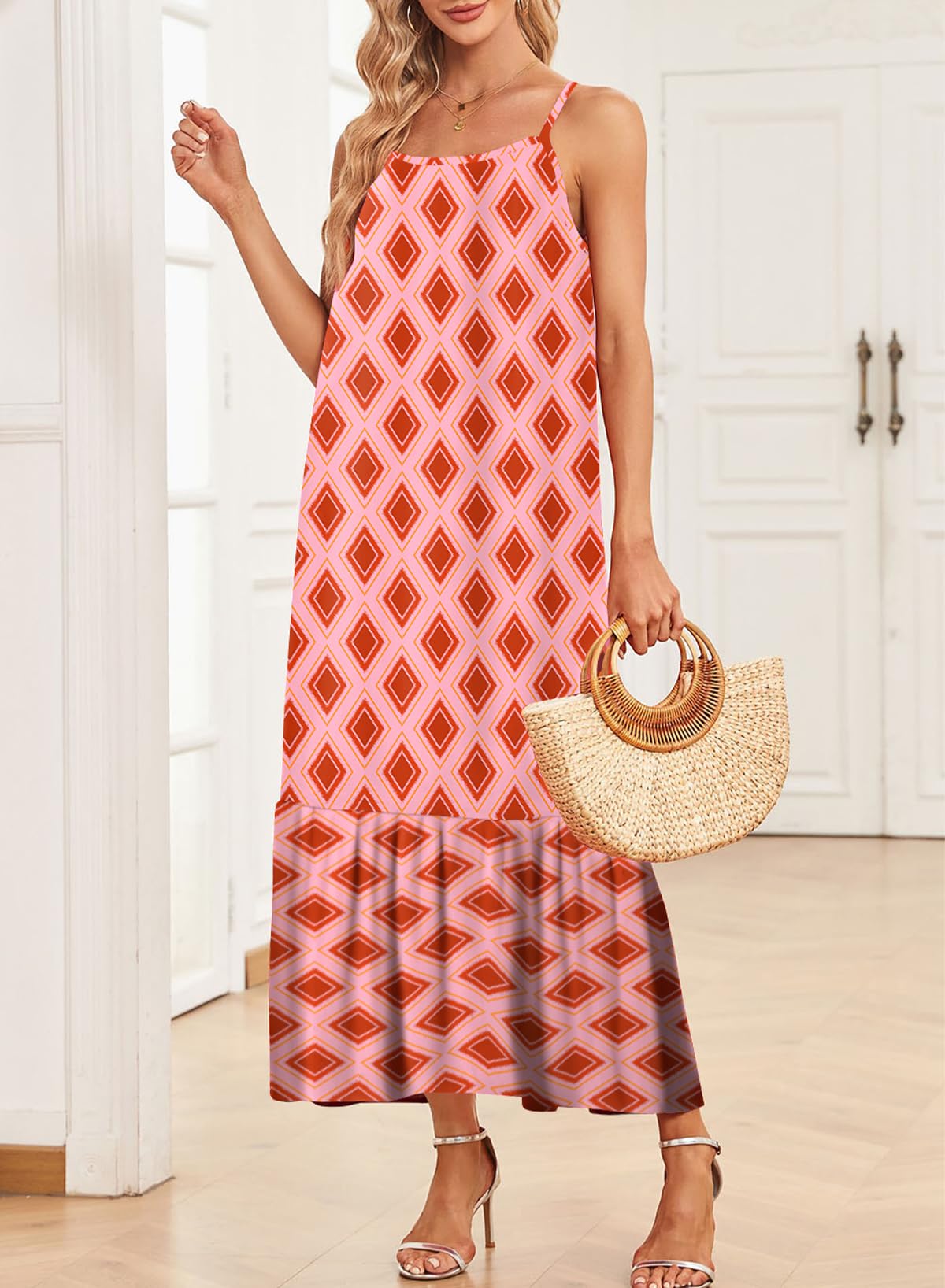 Dokotoo Womens Summer Dresses U Neck Spaghetti Strap Casual Boho Printed Hawaiian Dress Ruffle A Line Maxi Dresses for Beach Vacation X-Large Multicolor