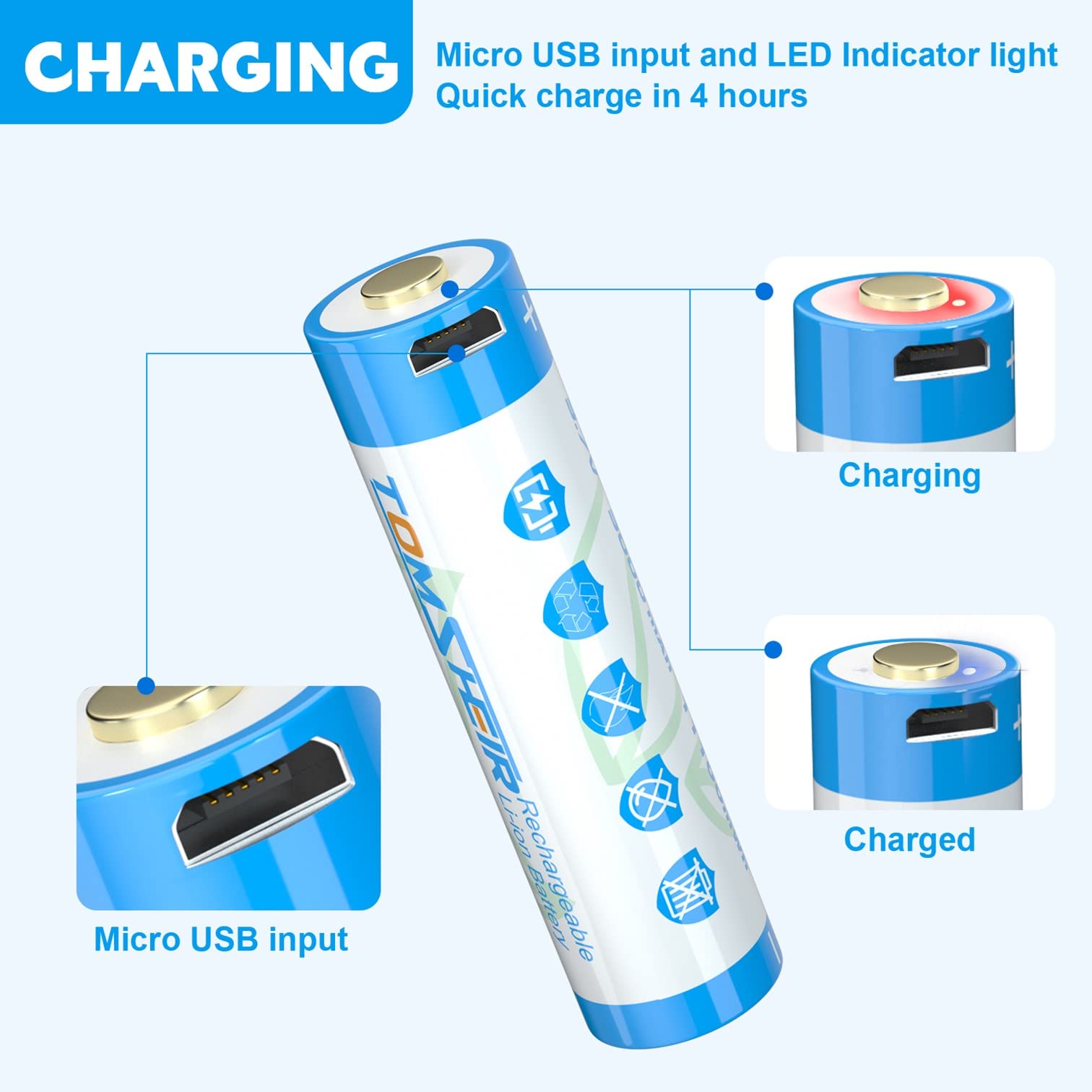 TOMSHEIR 2 Pack 3.7V Rechargeable Batteries with Micro-USB Port Cable 3000mAh Battery for Flashlights, Camera, Headlamps, Doorbells, RC Cars, Sound Equipment