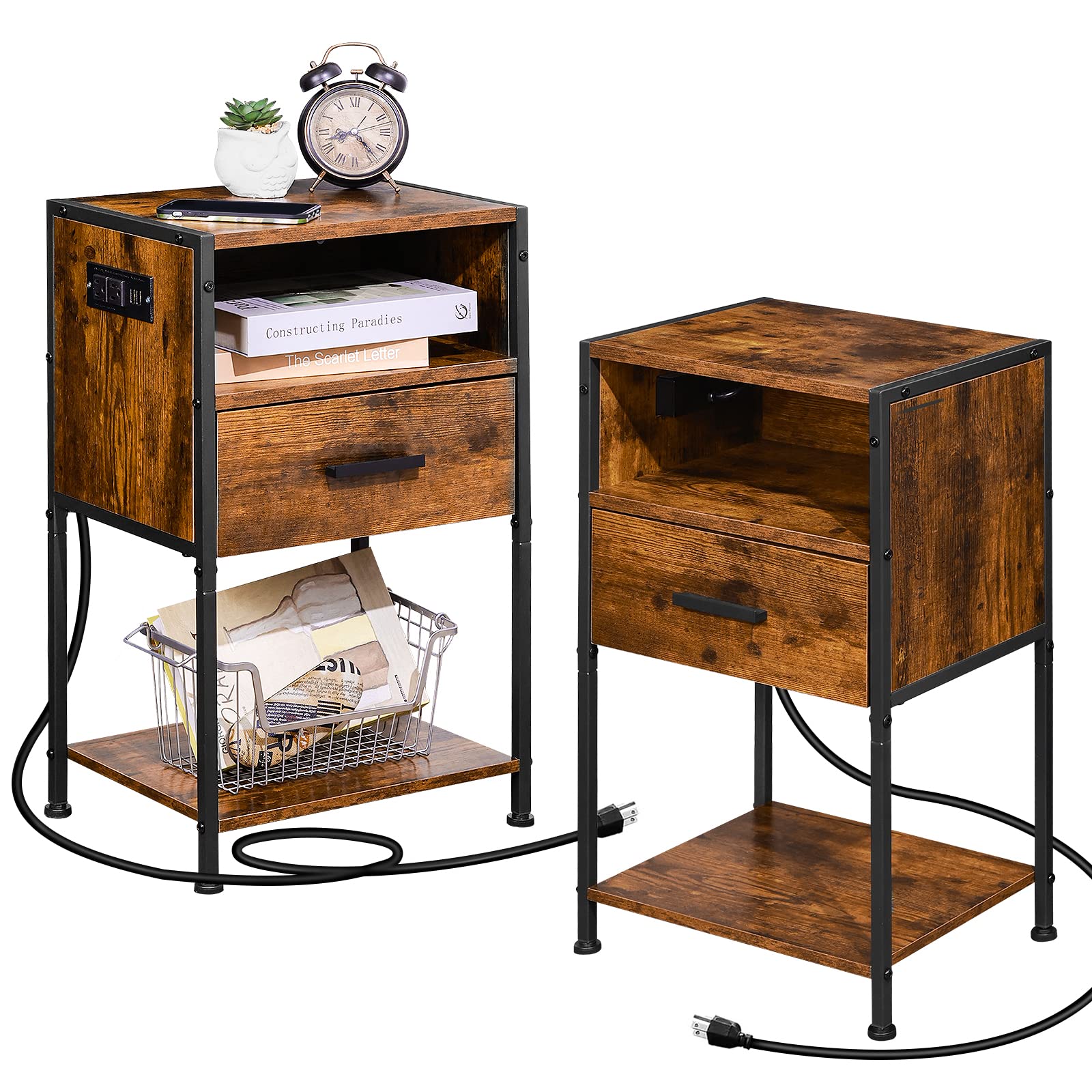 EOYUTLLY Nightstand with Charging Station,End Table with USB Ports & Power Outlets, Night Stands with Storage Drawer for Bedroom Living Room (Rustic Brown Set of 2)