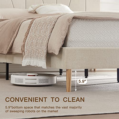 Flolinda Full Size Bed Frame Upholstered Platform with Complete Headboard and Strong Wooden Slats, No Box Spring Needed, Easy Assembly,Beige