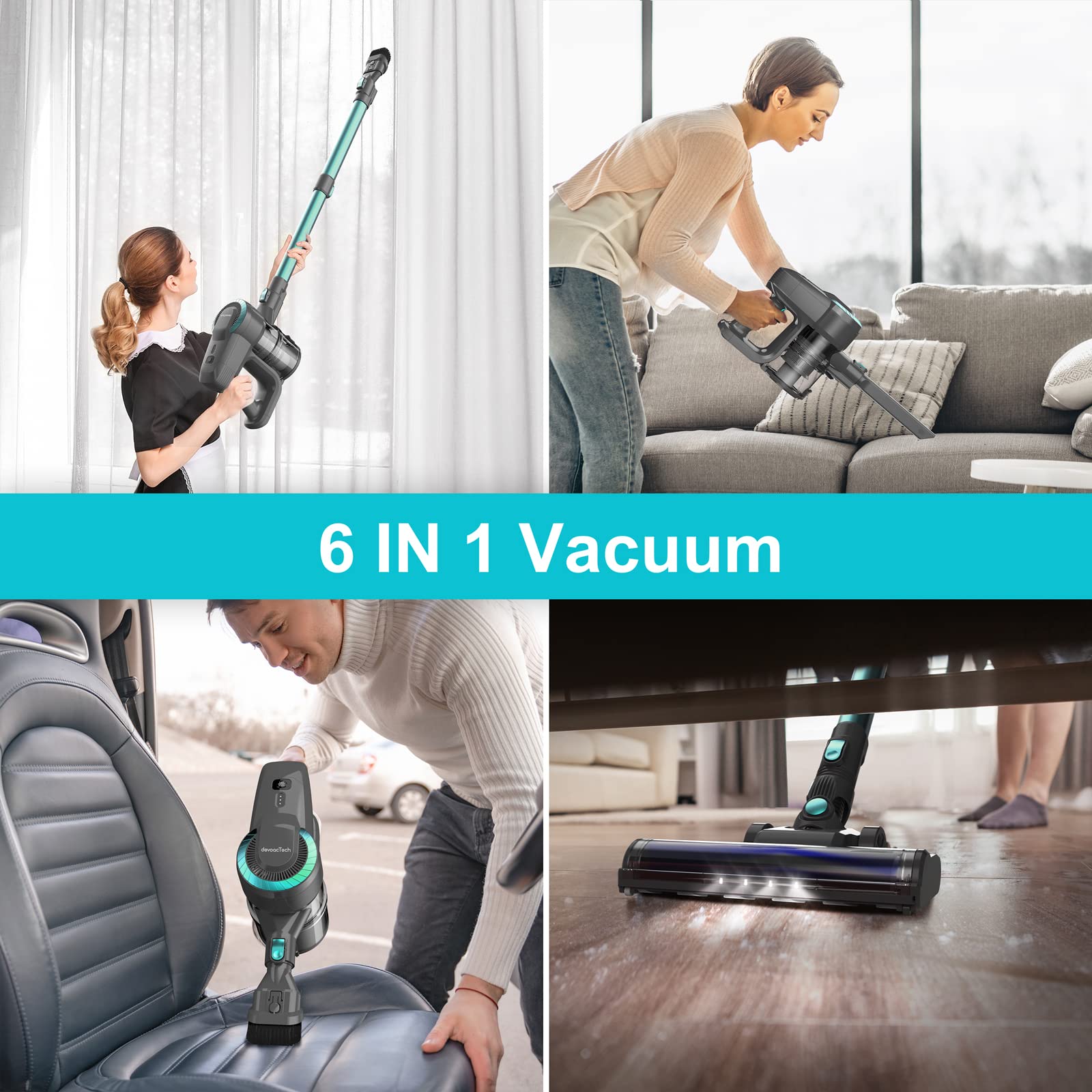 DEVOAC N300 Cordless Vacuum Cleaner, 6 in 1 Ultra-Lightweight Stick Vacuum, 2200mAh Battery Up to 40mins Runtime, Powerful Handheld Vacuum for Hard Floor Carpet Pet Hair Home, Green