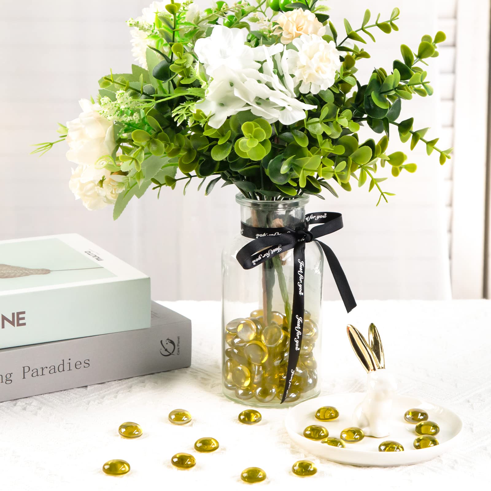 FUTUREPLUSX 1LB Yellow Flat Glass Marbles, Glass Beads Floral Pebbles Decorative Rocks Gold Gemstones Vase Fillers for Centerpieces Table Scatter Aquarium Fall Home Decor