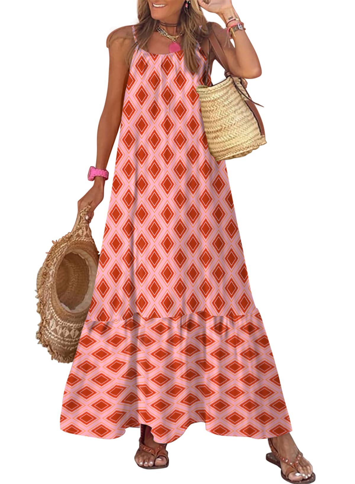 Dokotoo Womens Summer Dresses U Neck Spaghetti Strap Casual Boho Printed Hawaiian Dress Ruffle A Line Maxi Dresses for Beach Vacation X-Large Multicolor