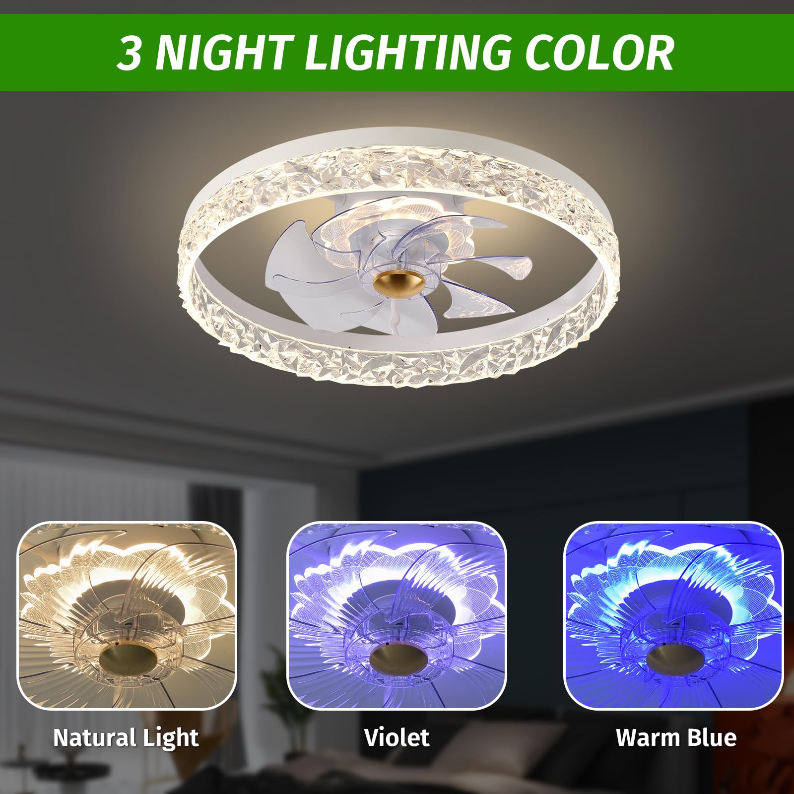Feqwgny 2023 Upgraded Ceiling Fan 4111 White Ceiling Fans with Lights App & Remote Control, 6 Wind Speeds Modern Ceiling Fan, Timing & 3 Led Color Led Ceiling Fan for Bedroom, Small Room