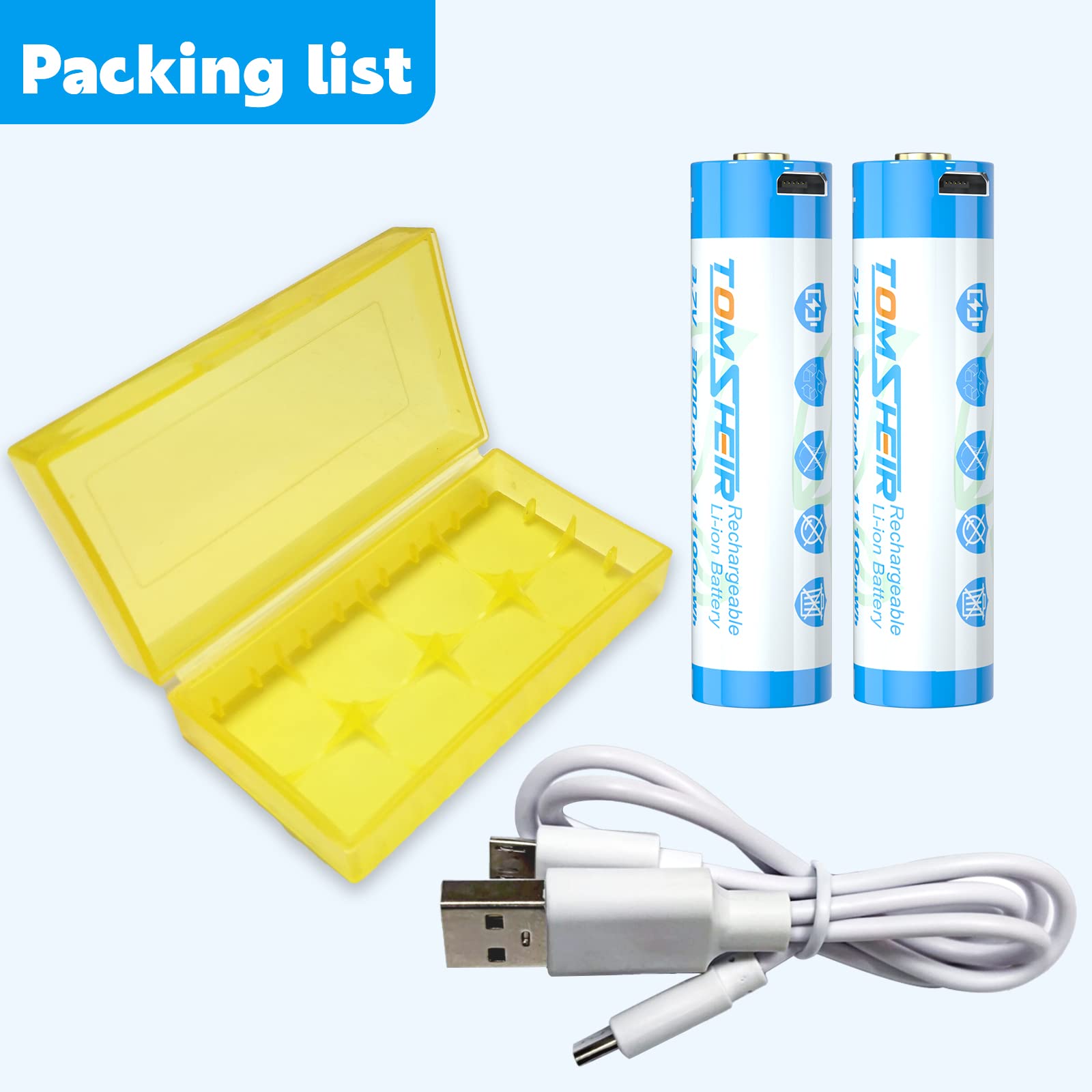TOMSHEIR 2 Pack 3.7V Rechargeable Batteries with Micro-USB Port Cable 3000mAh Battery for Flashlights, Camera, Headlamps, Doorbells, RC Cars, Sound Equipment