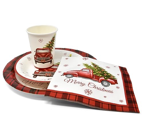 Gift Boutique Christmas Red Truck Party Supply Table Set 24 9" Dinner Plate 24 7" Plate 24 9 Oz Cups 24 Lunch Napkin for Xmas Pickup Trucks with Tree & Buffalo Plaid Disposable Paper Dinner Décor