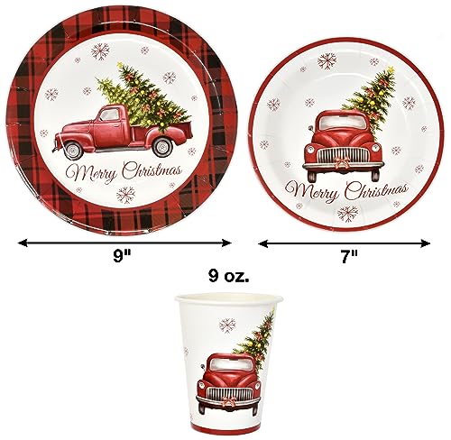 Gift Boutique Christmas Red Truck Party Supply Table Set 24 9" Dinner Plate 24 7" Plate 24 9 Oz Cups 24 Lunch Napkin for Xmas Pickup Trucks with Tree & Buffalo Plaid Disposable Paper Dinner Décor