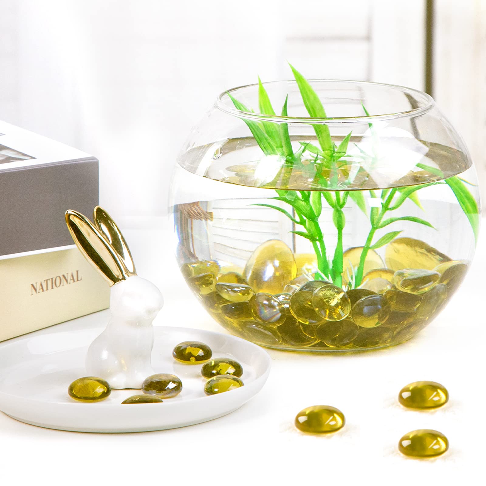 FUTUREPLUSX 1LB Yellow Flat Glass Marbles, Glass Beads Floral Pebbles Decorative Rocks Gold Gemstones Vase Fillers for Centerpieces Table Scatter Aquarium Fall Home Decor