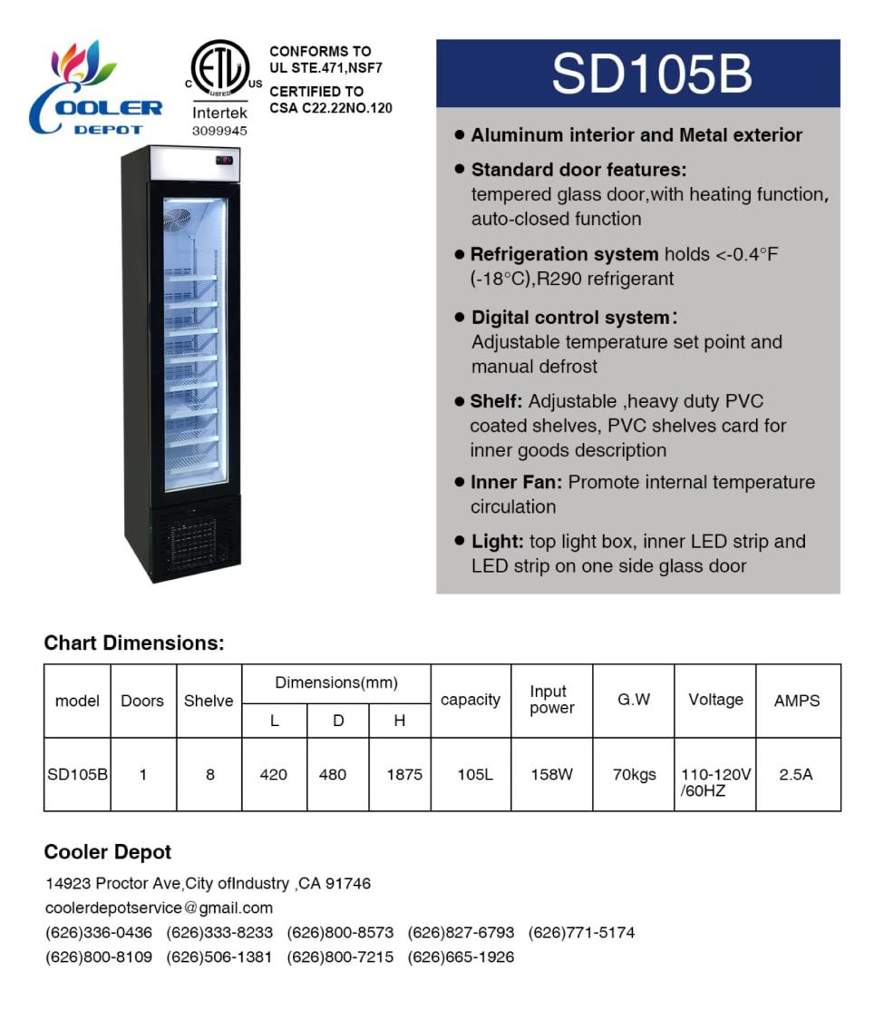 Commercial Freezer Glass 1-door 17" 105L Upright Narrow NSF -15°F to 5°F slim display merchandiser restaurant SD-105B