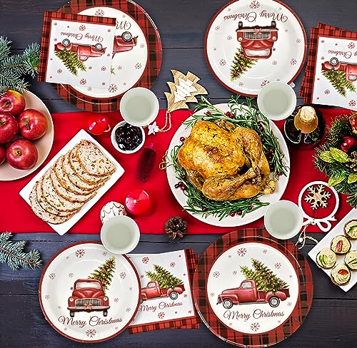 Gift Boutique Christmas Red Truck Party Supply Table Set 24 9" Dinner Plate 24 7" Plate 24 9 Oz Cups 24 Lunch Napkin for Xmas Pickup Trucks with Tree & Buffalo Plaid Disposable Paper Dinner Décor