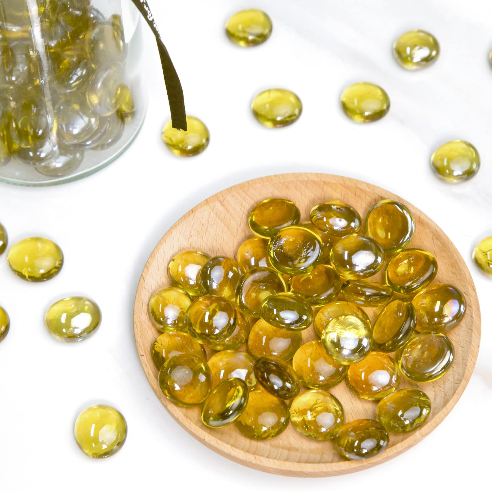 FUTUREPLUSX 1LB Yellow Flat Glass Marbles, Glass Beads Floral Pebbles Decorative Rocks Gold Gemstones Vase Fillers for Centerpieces Table Scatter Aquarium Fall Home Decor