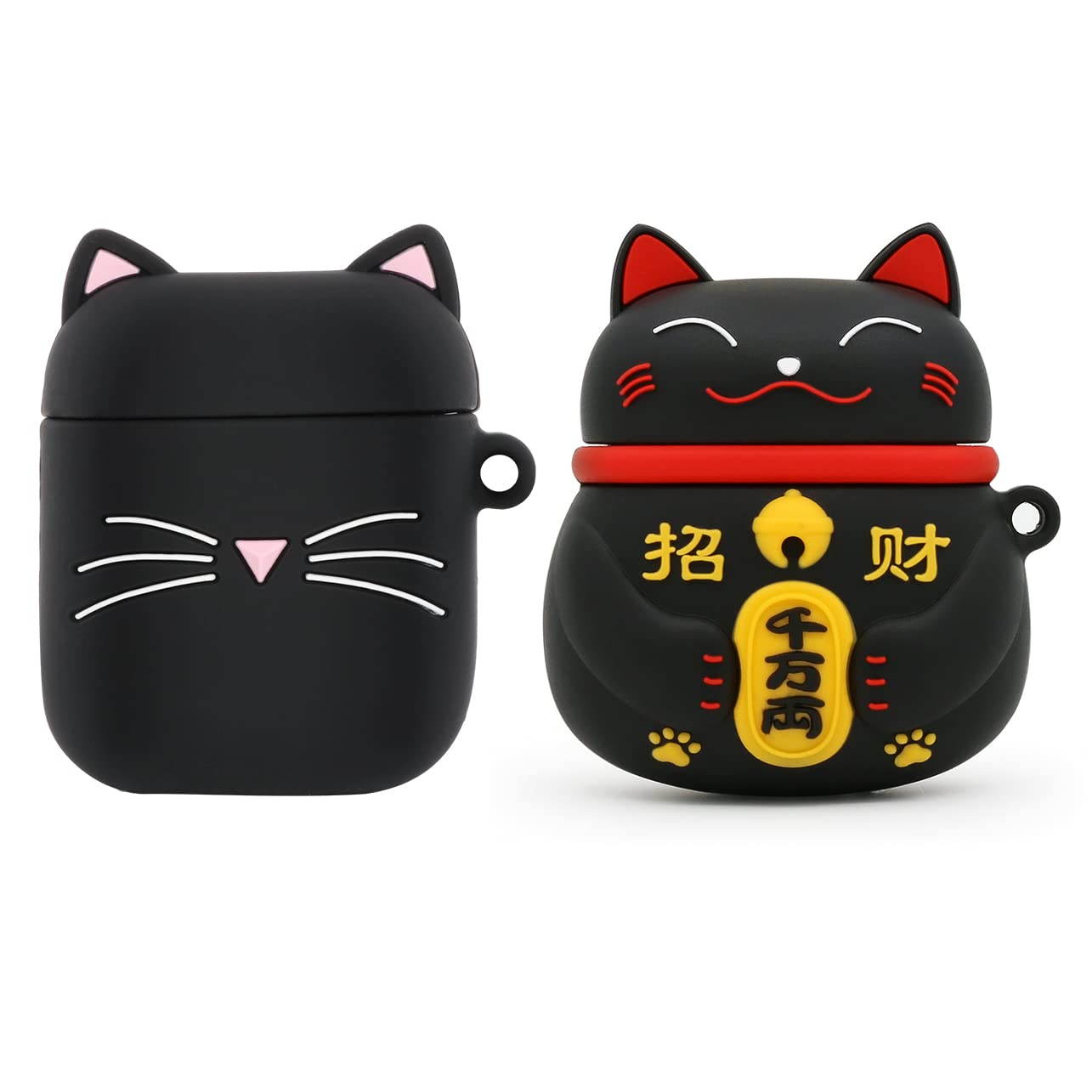 Megantree 2 Pack Cute Whisker Cat Airpods Case, Black Lucky Cat Airpods 2 Case, Funny 3D Cartoon Animal Cat Kitty Shockproof Soft Silicone Case with Keychain for Airpods 1st Generation, 2nd Generation