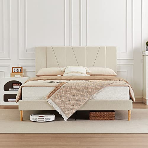 Flolinda Full Size Bed Frame Upholstered Platform with Complete Headboard and Strong Wooden Slats, No Box Spring Needed, Easy Assembly,Beige
