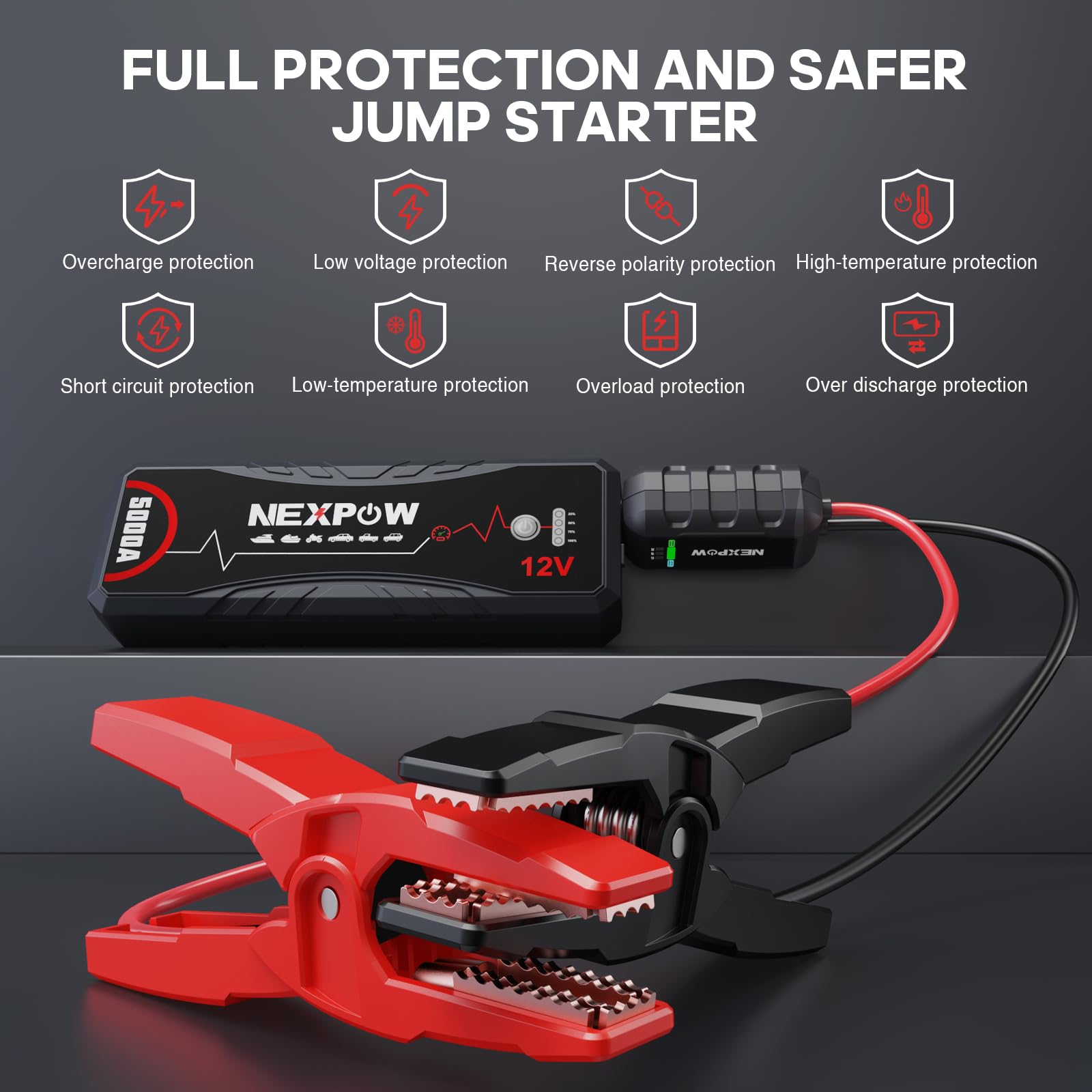 NEXPOW Car Jump Starter,Car Battery Jump Starter Pack 5000A Peak Q12 for All Gas and Up to10.0L Diesel Engine 12V Auto Battery Booster,Jumper Cables,Portable Lithium Jump Box with LED Light/USB QC3.0