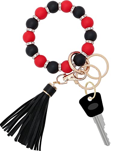 Silicone Key Ring Bracelet for Women, Elastic Beaded Wristlet Keychain Key Holder for Mother’s Day Gift(Red/Black)