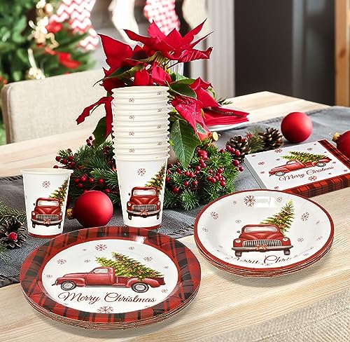 Gift Boutique Christmas Red Truck Party Supply Table Set 24 9" Dinner Plate 24 7" Plate 24 9 Oz Cups 24 Lunch Napkin for Xmas Pickup Trucks with Tree & Buffalo Plaid Disposable Paper Dinner Décor