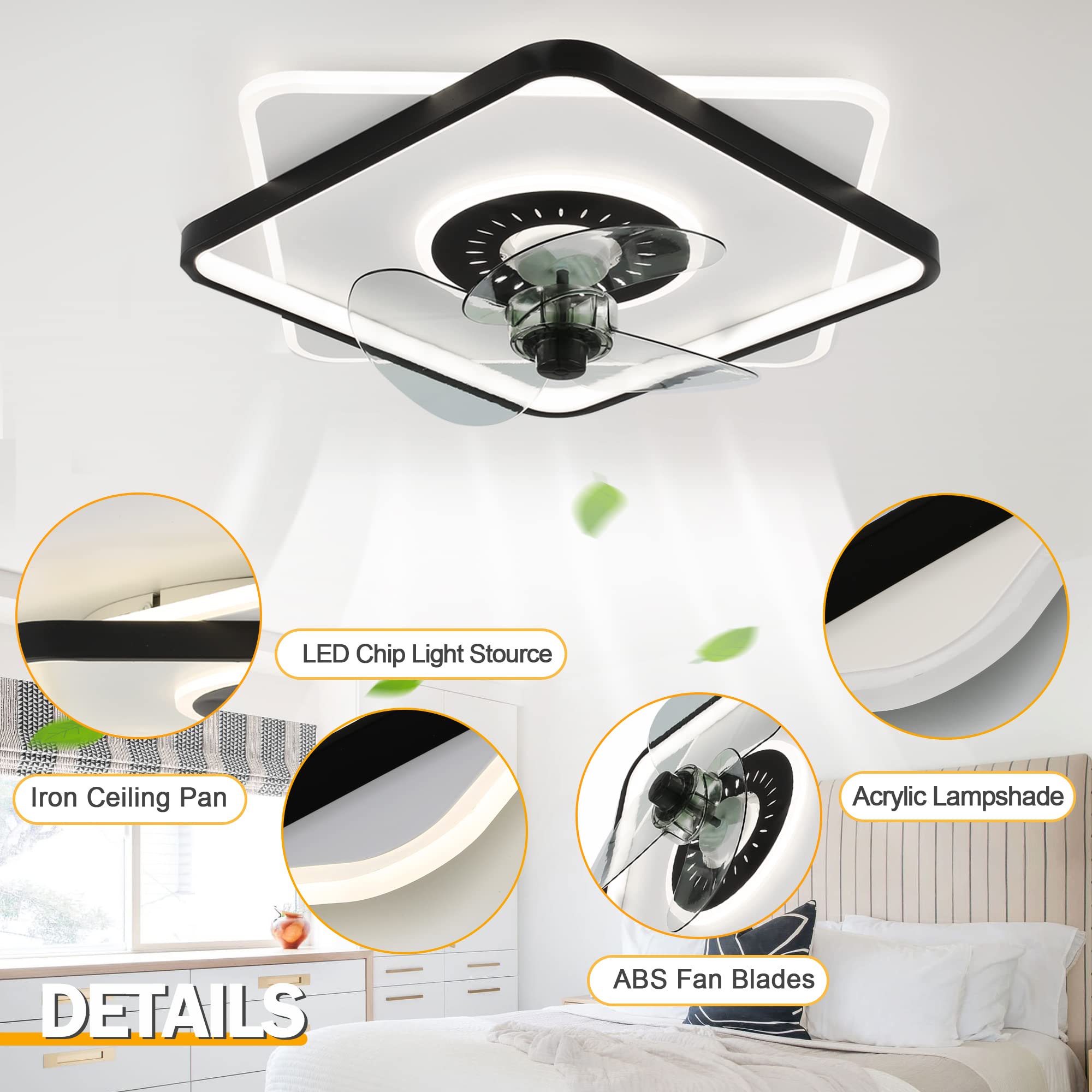 Oaks Aura 20 Inch Low Profile Ceiling Fans with Lights, Reversible,6 Speeds,3 Color Temperature Optional,DC Motor,Modern Flush Mount Ceiling Fan with Remote for Kids Bedroom,Living Room,Kitchen