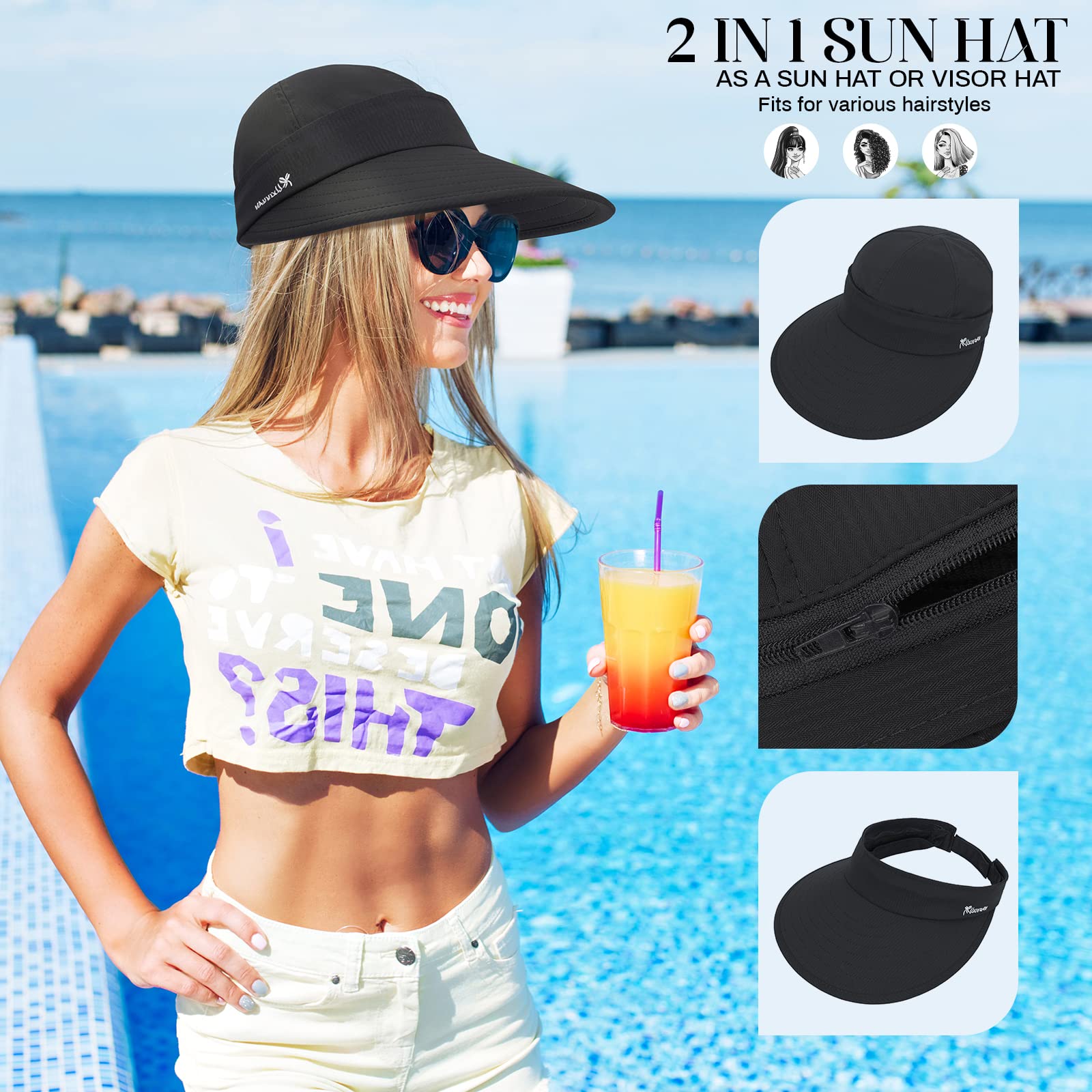 Sun Hats for Women UV Protection Visor Wide Brim Summer Beach Hat Womens Packable Golf Hat Black
