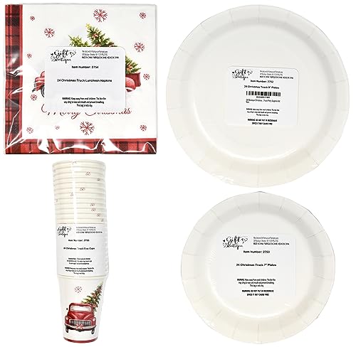 Gift Boutique Christmas Red Truck Party Supply Table Set 24 9" Dinner Plate 24 7" Plate 24 9 Oz Cups 24 Lunch Napkin for Xmas Pickup Trucks with Tree & Buffalo Plaid Disposable Paper Dinner Décor