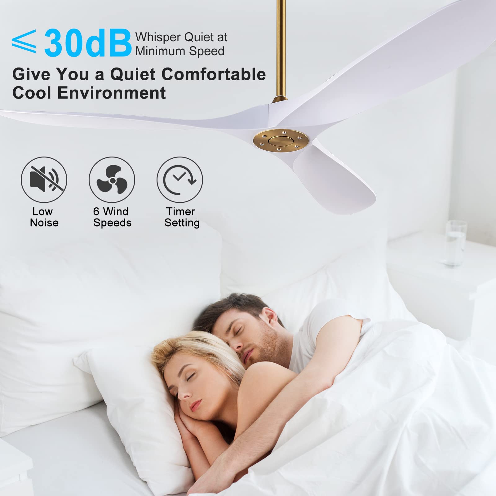 QUTWOB 60" Ceiling Fan with Remote Control No Lights,Modern Reversible DC Motor Indoor Outdoor 3 Blades Ceiling Fans for Patio Bedroom Living Room(Gold+White)