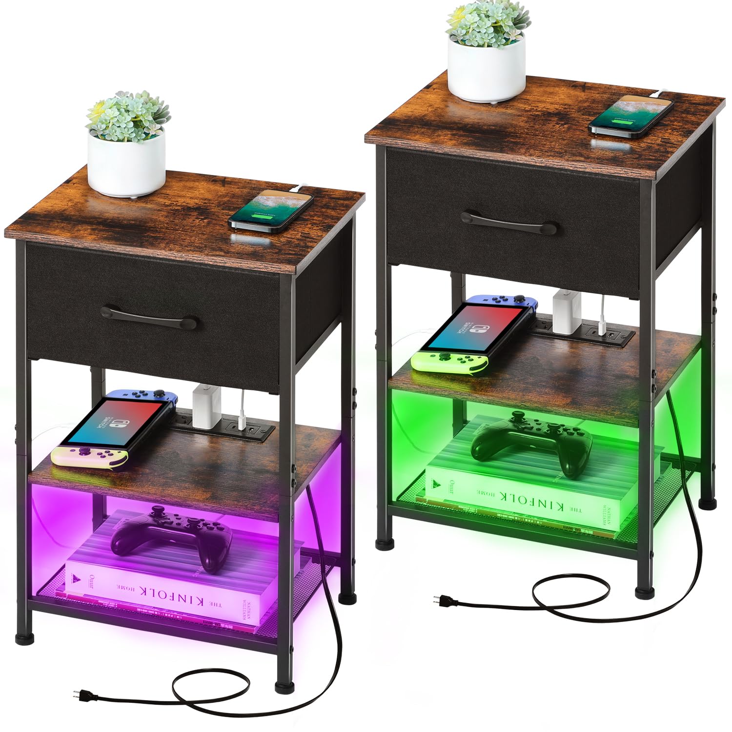 LAKEMID Nightstands Set of 2 with Charging Station and Drawer, End Table Side Table with 20 Colors LED Light Strip and 2 Layers Shelf for Bedroom Living Room Sofa (Rustic Brown)