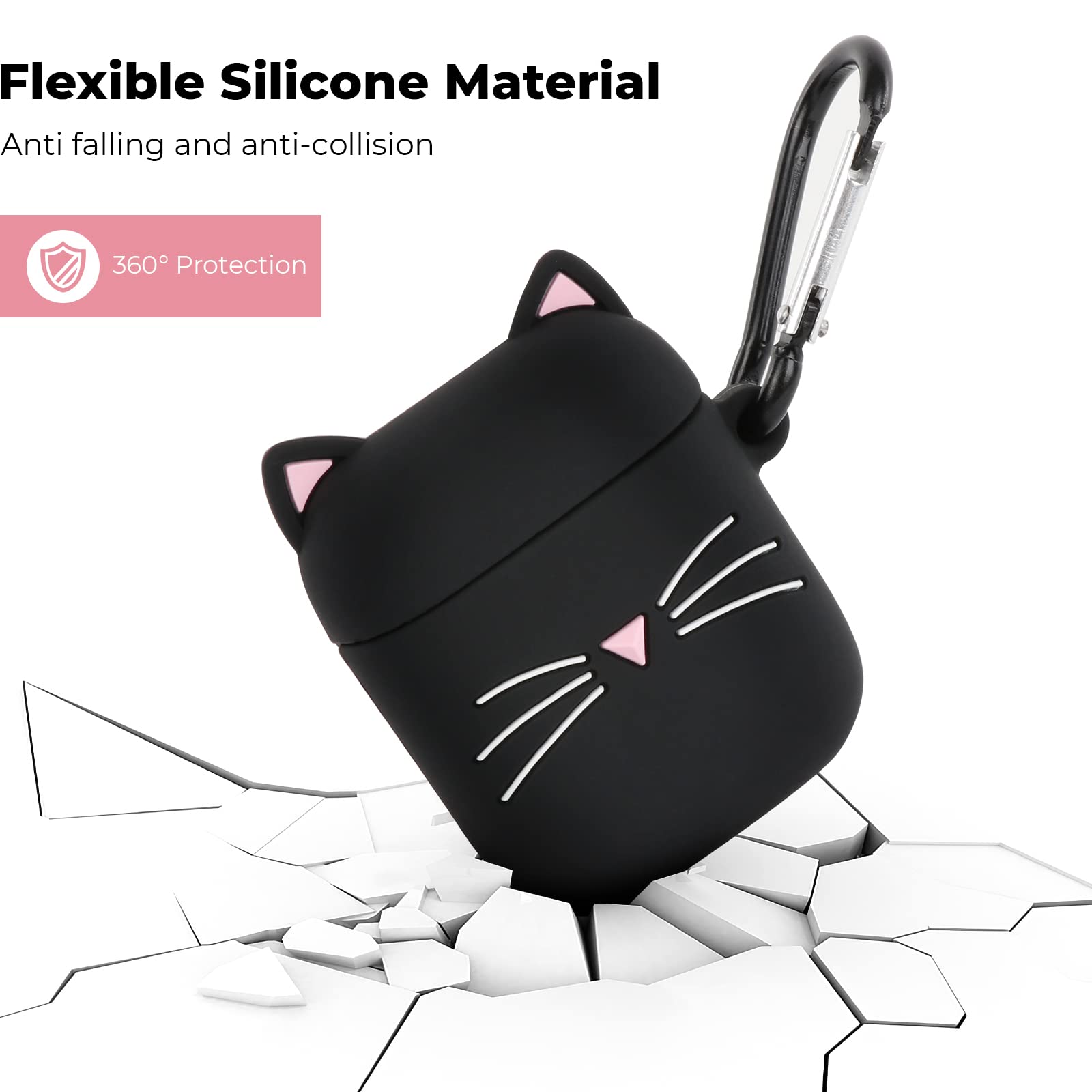 Megantree 2 Pack Cute Whisker Cat Airpods Case, Black Lucky Cat Airpods 2 Case, Funny 3D Cartoon Animal Cat Kitty Shockproof Soft Silicone Case with Keychain for Airpods 1st Generation, 2nd Generation