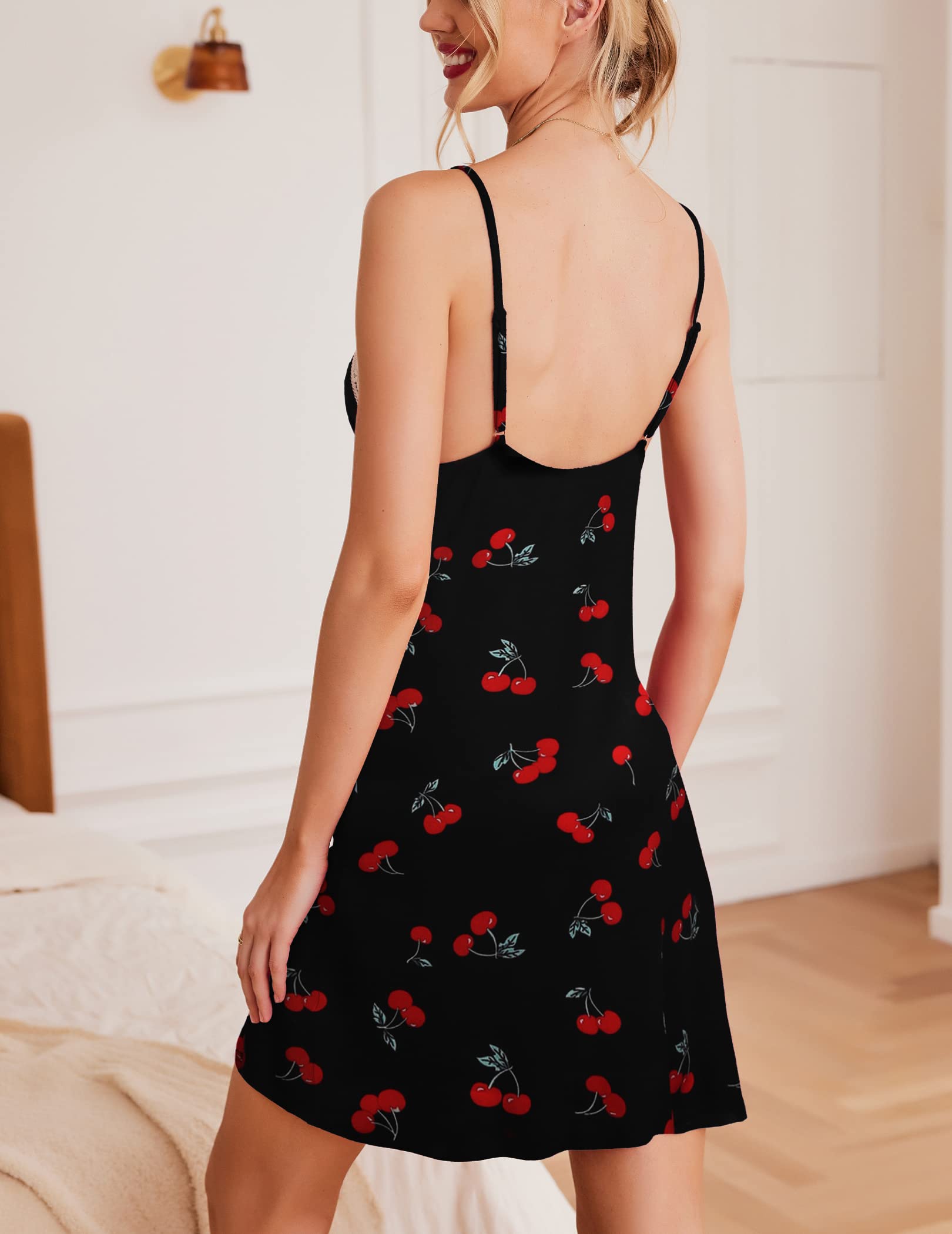 Ekouaer Sleepwear Womens Chemise Nightgown Full Slip Lace Lounge Dress, Cherry Print, Medium