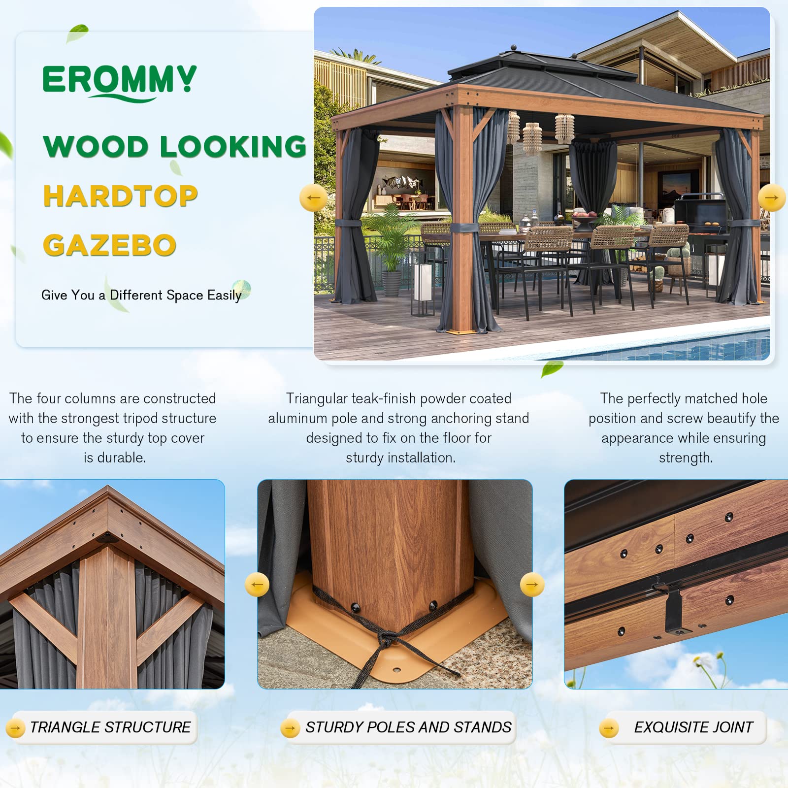 EROMMY 10' x 13' Hardtop Gazebo Outdoor Aluminum Wood Grain Gazebos with Galvanized Steel Roof and Mosquito Net for Patios, Deck,Backyard,Curtains&Netting