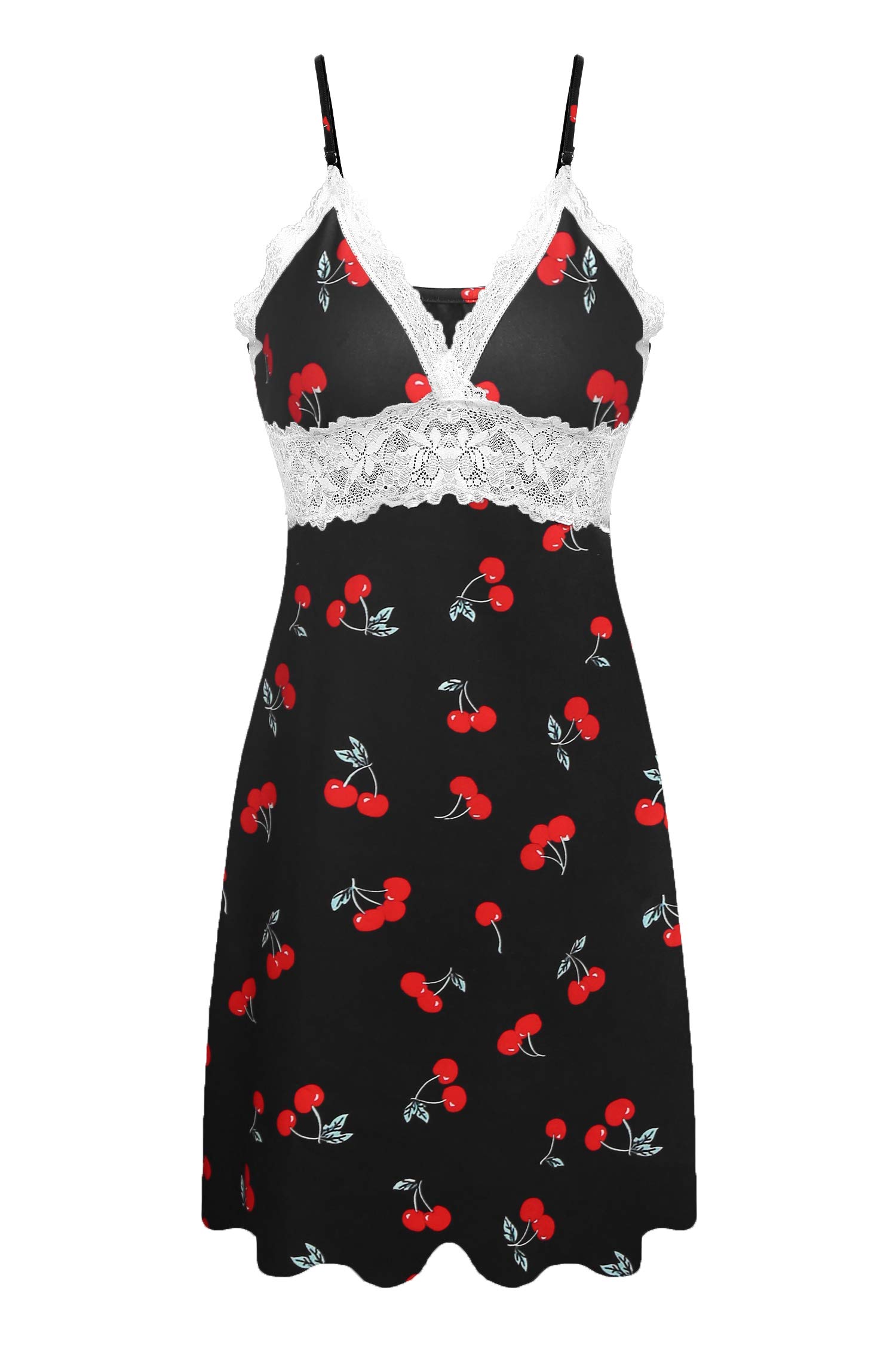 Ekouaer Sleepwear Womens Chemise Nightgown Full Slip Lace Lounge Dress, Cherry Print, Medium