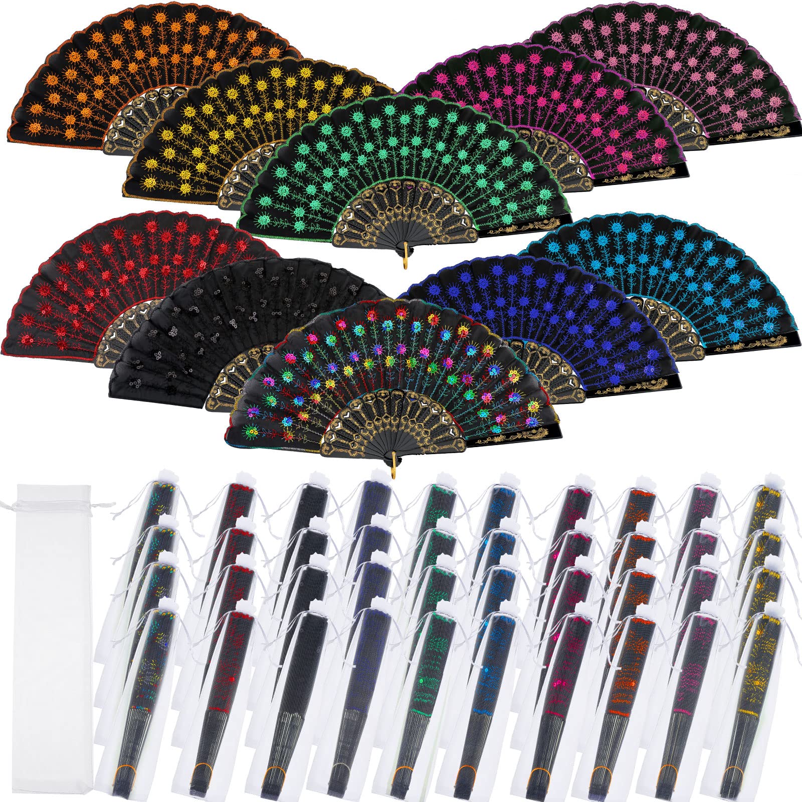 Geetery 50 Pcs Floral Folding Fan Chinese Style Silk Fabric Folding Hand Fan Vintage Flower Patterns Handheld for Wedding Party Favors Home(Elegant Colors)