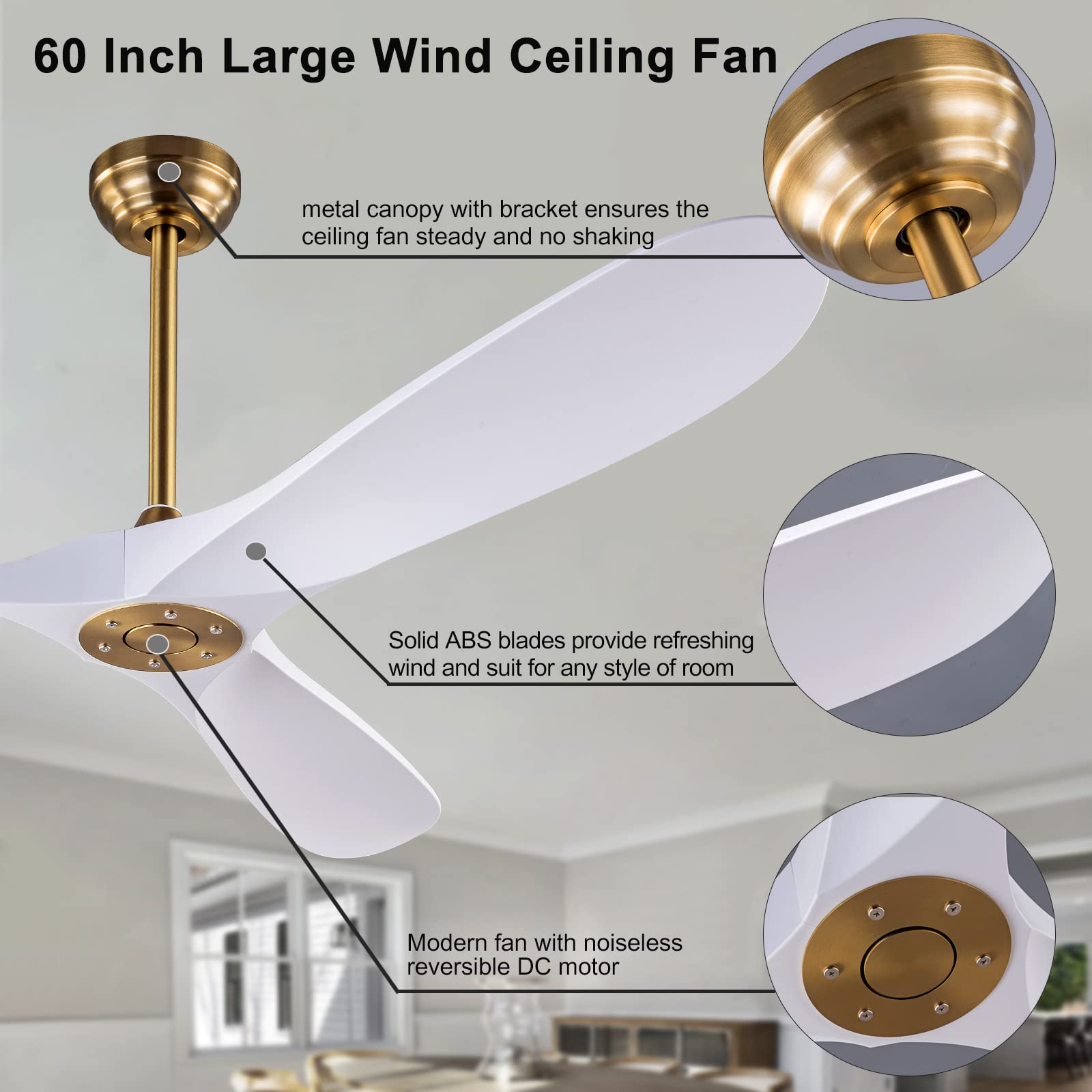 QUTWOB 60" Ceiling Fan with Remote Control No Lights,Modern Reversible DC Motor Indoor Outdoor 3 Blades Ceiling Fans for Patio Bedroom Living Room(Gold+White)