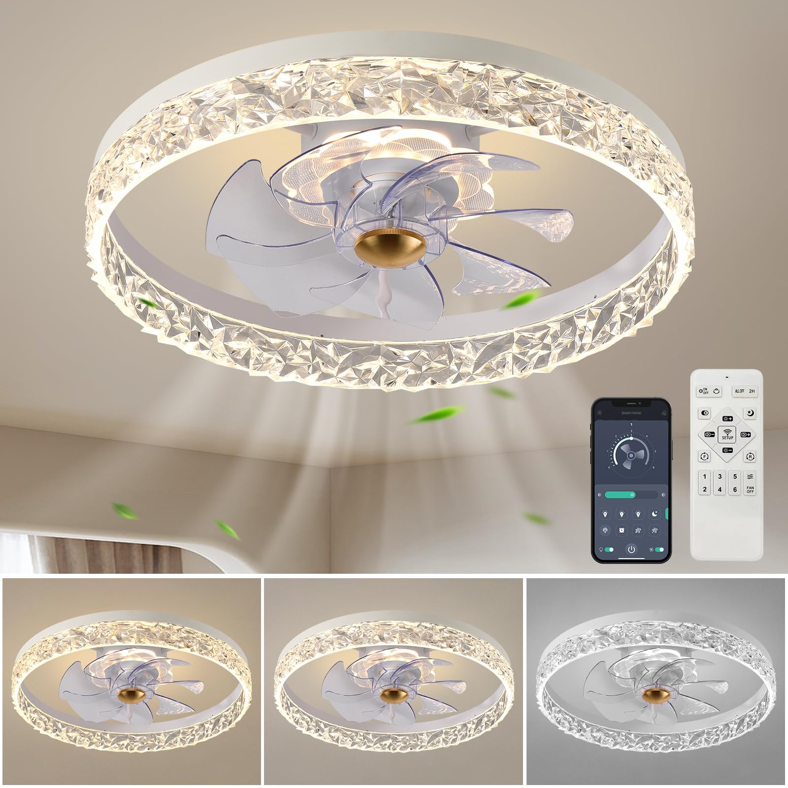 Feqwgny 2023 Upgraded Ceiling Fan 4111 White Ceiling Fans with Lights App & Remote Control, 6 Wind Speeds Modern Ceiling Fan, Timing & 3 Led Color Led Ceiling Fan for Bedroom, Small Room