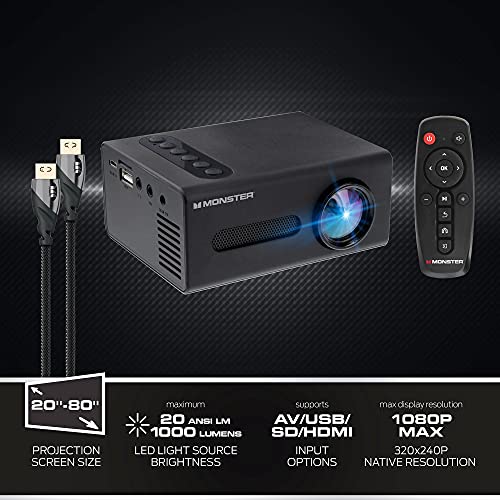 Monster Image Mini Small Format LCD Projector 1920x1080 HD Quality, Project Up to 8 Feet Away, Works On Projection Screens Ranging from 20-80 Inches. Supports Any Format with Universal HDMI Cable