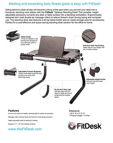 FitDesk Table Top Standing Desk with Massage Rollers and Forearm Supports - Soft Grip Surface Tablet Holder - No Scratch Grip Legs - Height Adjustable Range from 11" to 20"