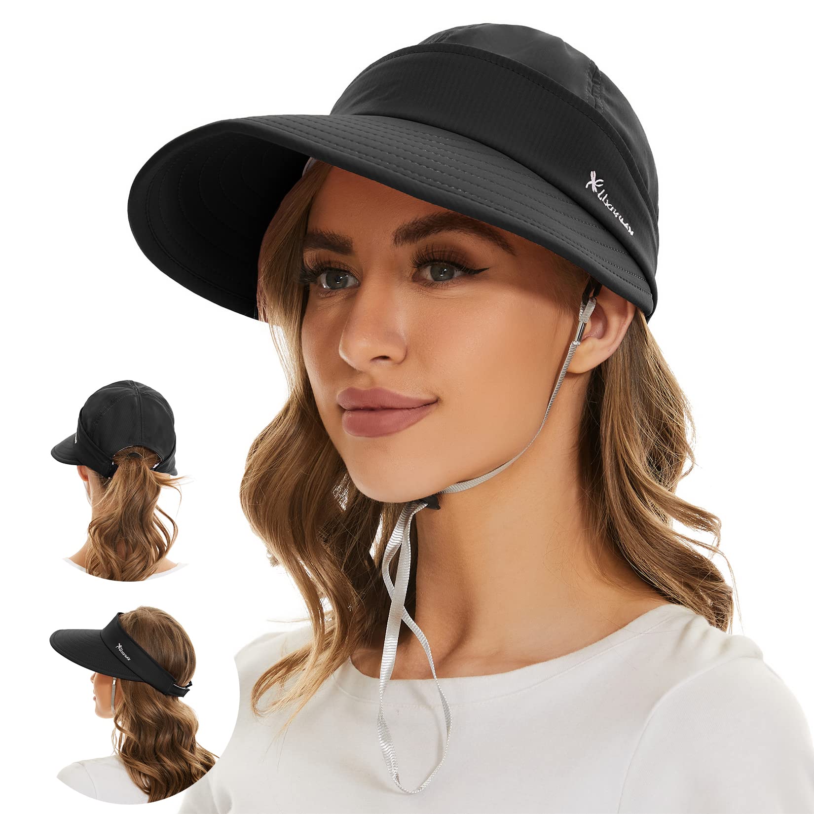 Sun Hats for Women UV Protection Visor Wide Brim Summer Beach Hat Womens Packable Golf Hat Black