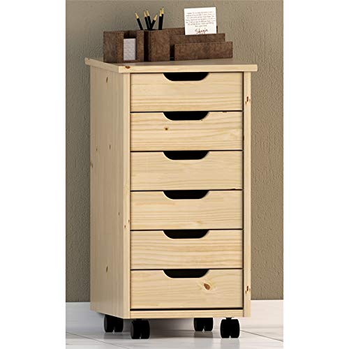 Linon Callie Multipurpose Six Drawer Natural Wood Rolling Storage Cart with Casters in Brown