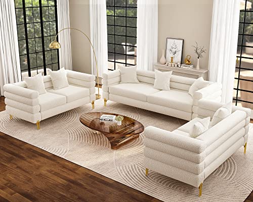 AMERLIFE Sofa, 3 Piece Set 85 inch Oversized Sofa- Comfy Sofa Couch, 3 Seater Sofa and Loveseat for Living Room- Bouclé Deep Seat Sofa White