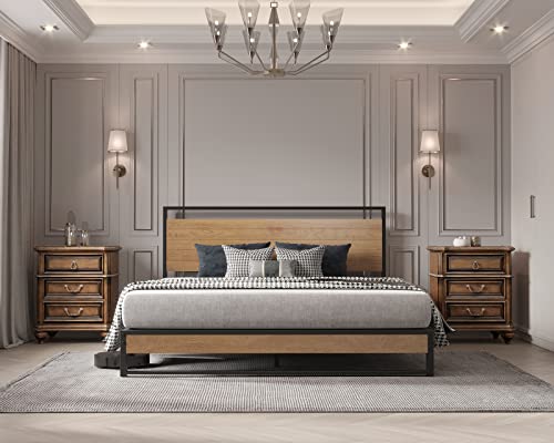 Nazhura Metal King Size Platform Bed Frame with Wood Headboard/Footboard