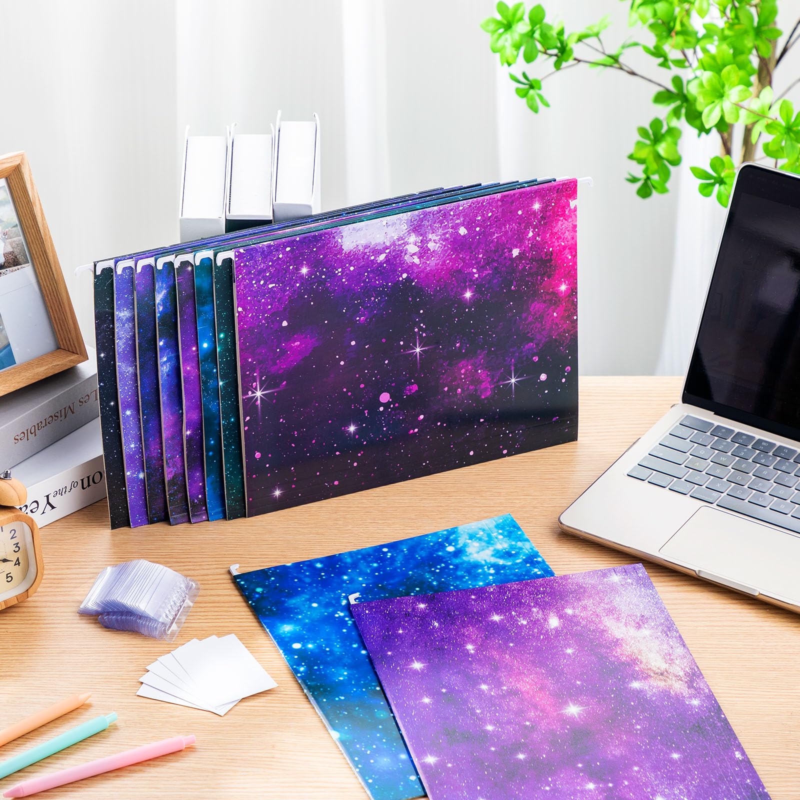 30 Pcs Galaxy Hanging Folders with Foil Stamping Process, Including Adjustable Tabs and Inserts, Letter Size Decorative Hanging File Cabinet Inserts Organizer for Desk Office School